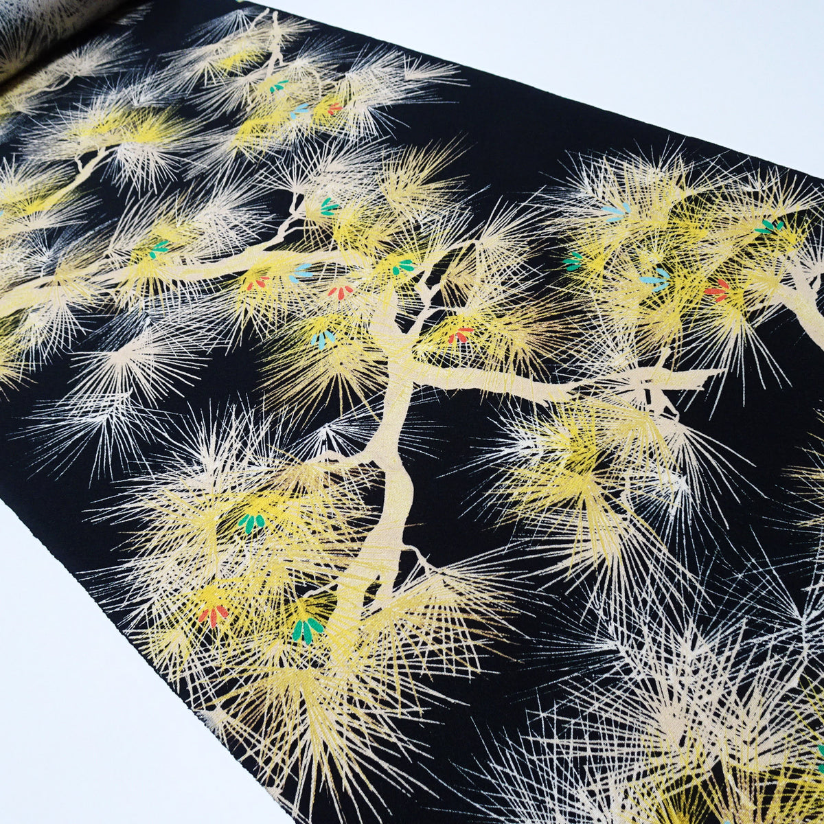 Rare Antique Tango Chirimen Kimono Fabric – Pine Motif on Black Taisho ...